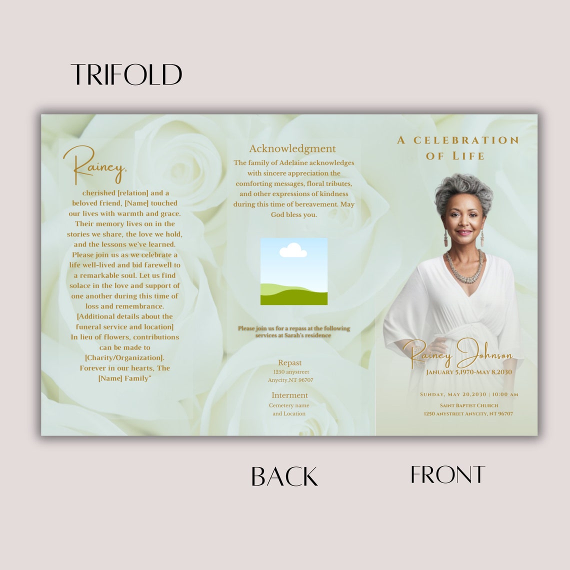 17x11 Tri Fold Funeral Program Elegant Funeral Program OBITUARY ...