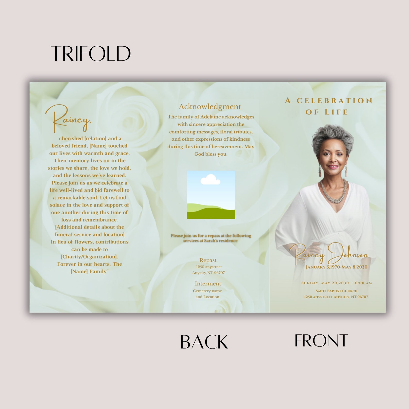 17x11 Tri Fold Funeral Program Elegant Funeral Program OBITUARY ...