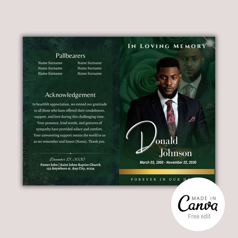 Funeral Program Template for Man Masculine Funeral Program Celebration ...