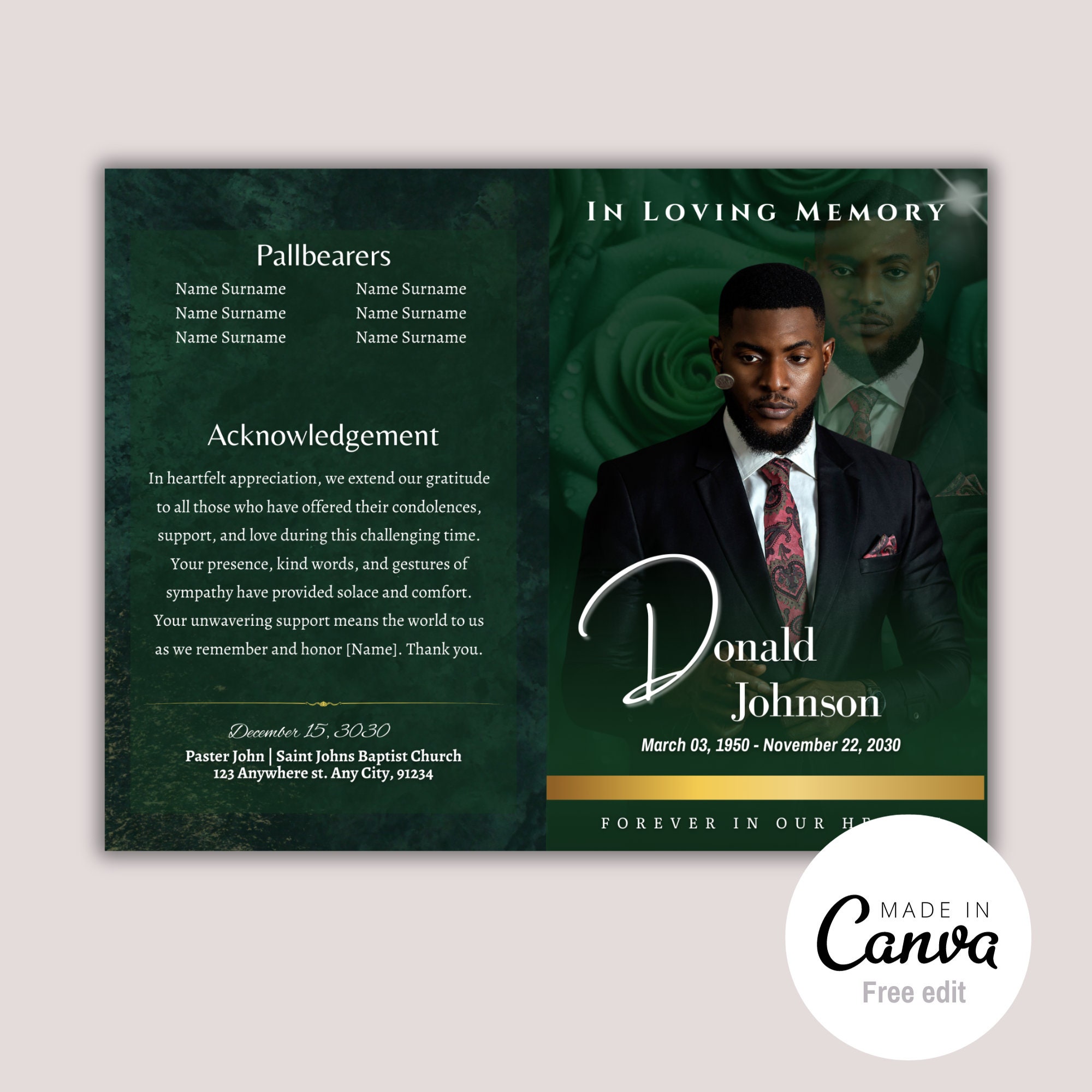 Funeral Program Template for Man Masculine Funeral Program Celebration ...