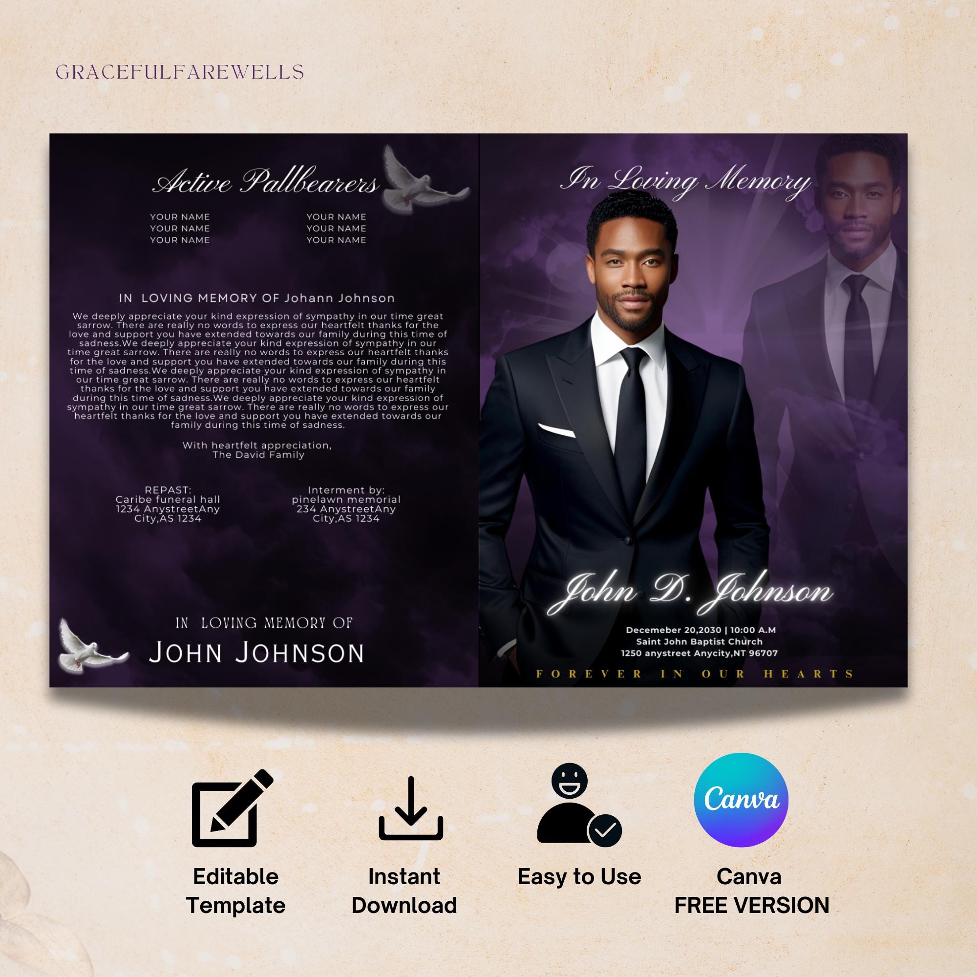 Elegant Funeral Program Template | Purple Obituary, Celebration of Life ...