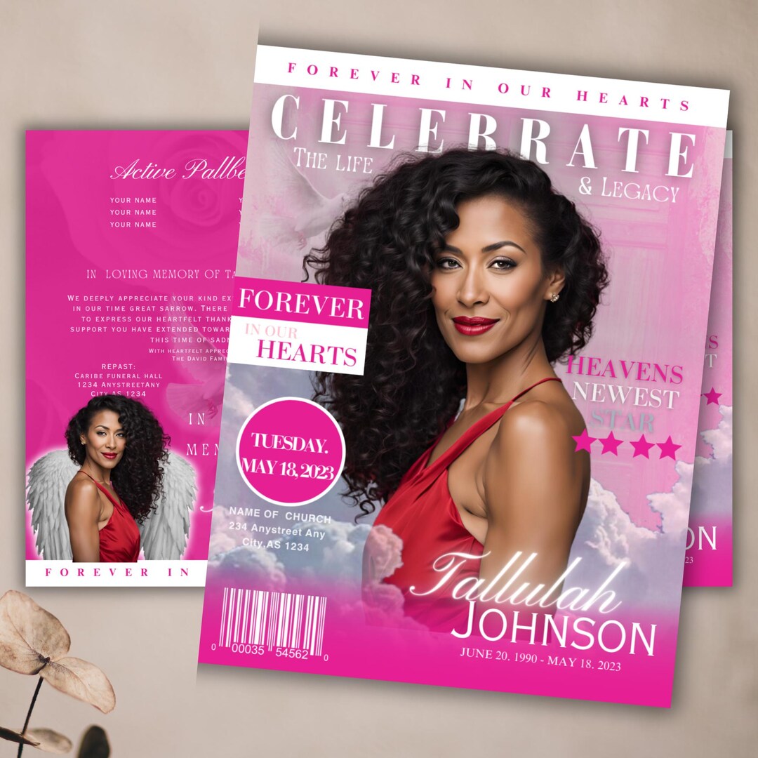 Personalized Pink Funeral Program | Magazine Style, 8 Pages (digital ...