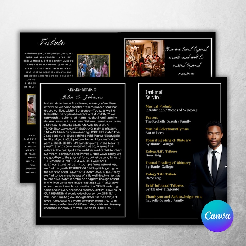 Elegant Black & Gold Funeral Program Template | Celebration of Life ...