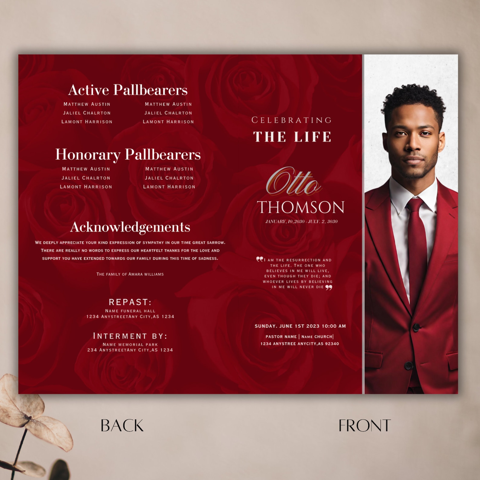Masculine Funeral Program Template | Red Rose Obituary (canva) - Etsy