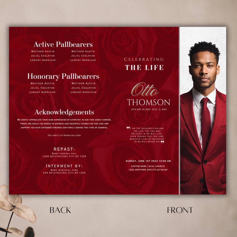 Masculine Funeral Program Template | Red Rose Obituary (canva) - Etsy