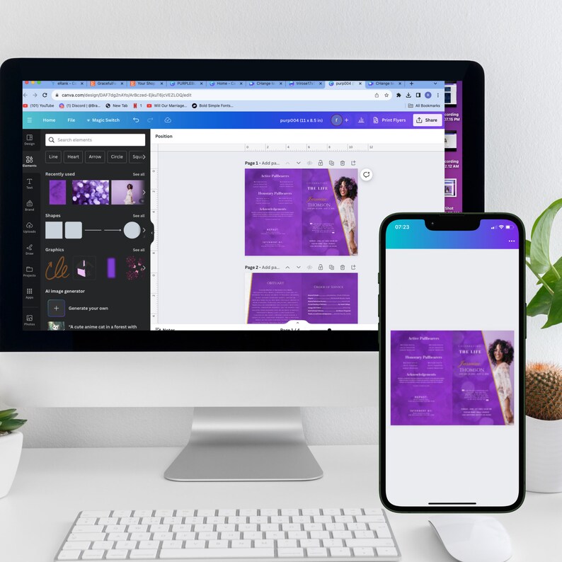 Obituary Program PURPLE Funeral Program Celebration of Life Keepsake ...