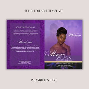 FUNERAL OBITUARY TEMPLATE 8 Pages Purple Funeral Program Celebration of ...