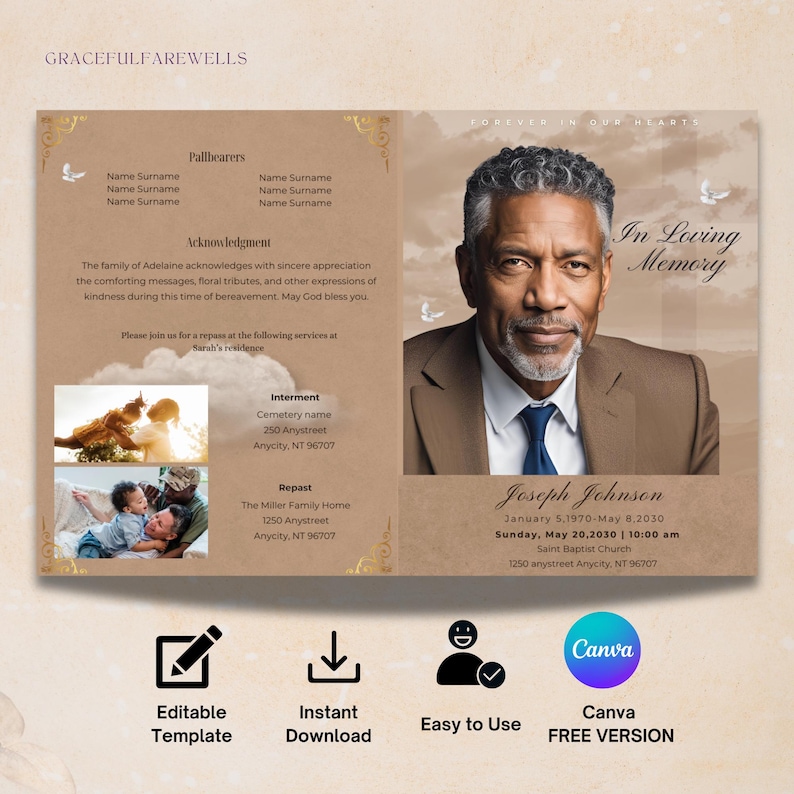 Elegant Brown Funeral Program Template: 8-page Obituary (canva, 11x8.5 ...