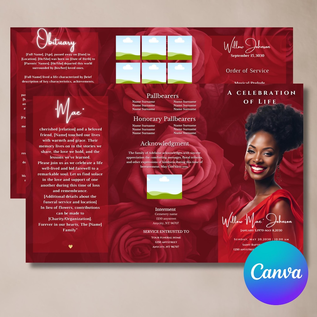 Elegant Funeral Program Template | Red Floral Obituary (digital ...