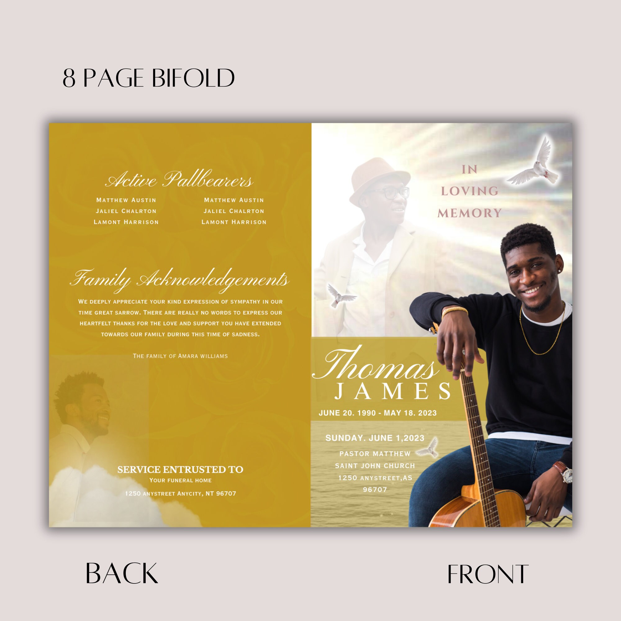 Yellow Funeral Program Canva Template Personalized Memorial Program 8 ...
