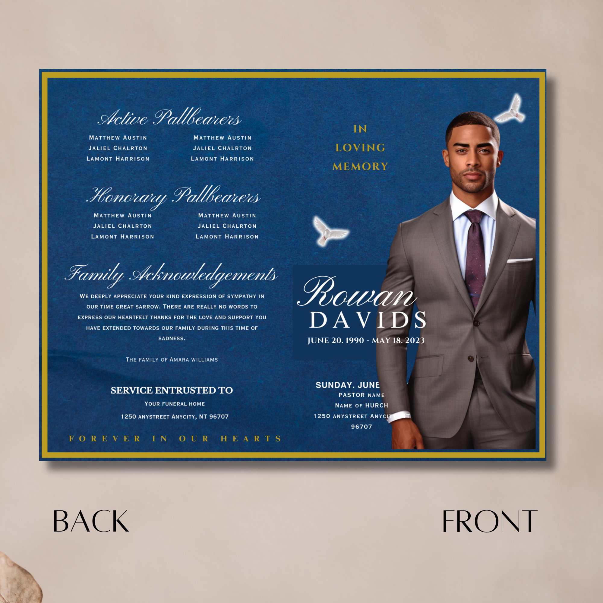 Elegant Blue Funeral Program Memorial Program Obituary Template ...