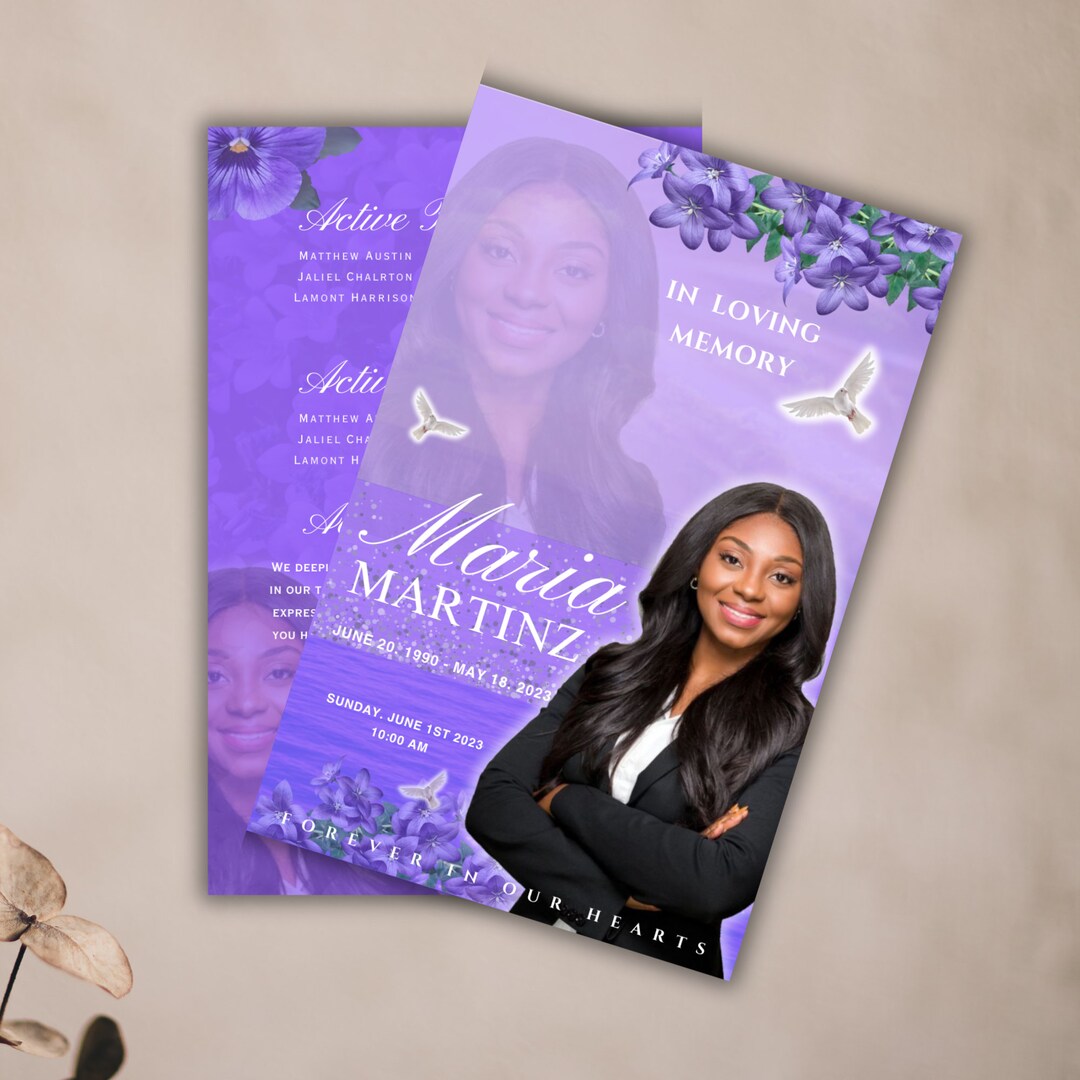 5.5x8.5 Bi-fold PURPLE Funeral Program Template Obituary Program ...