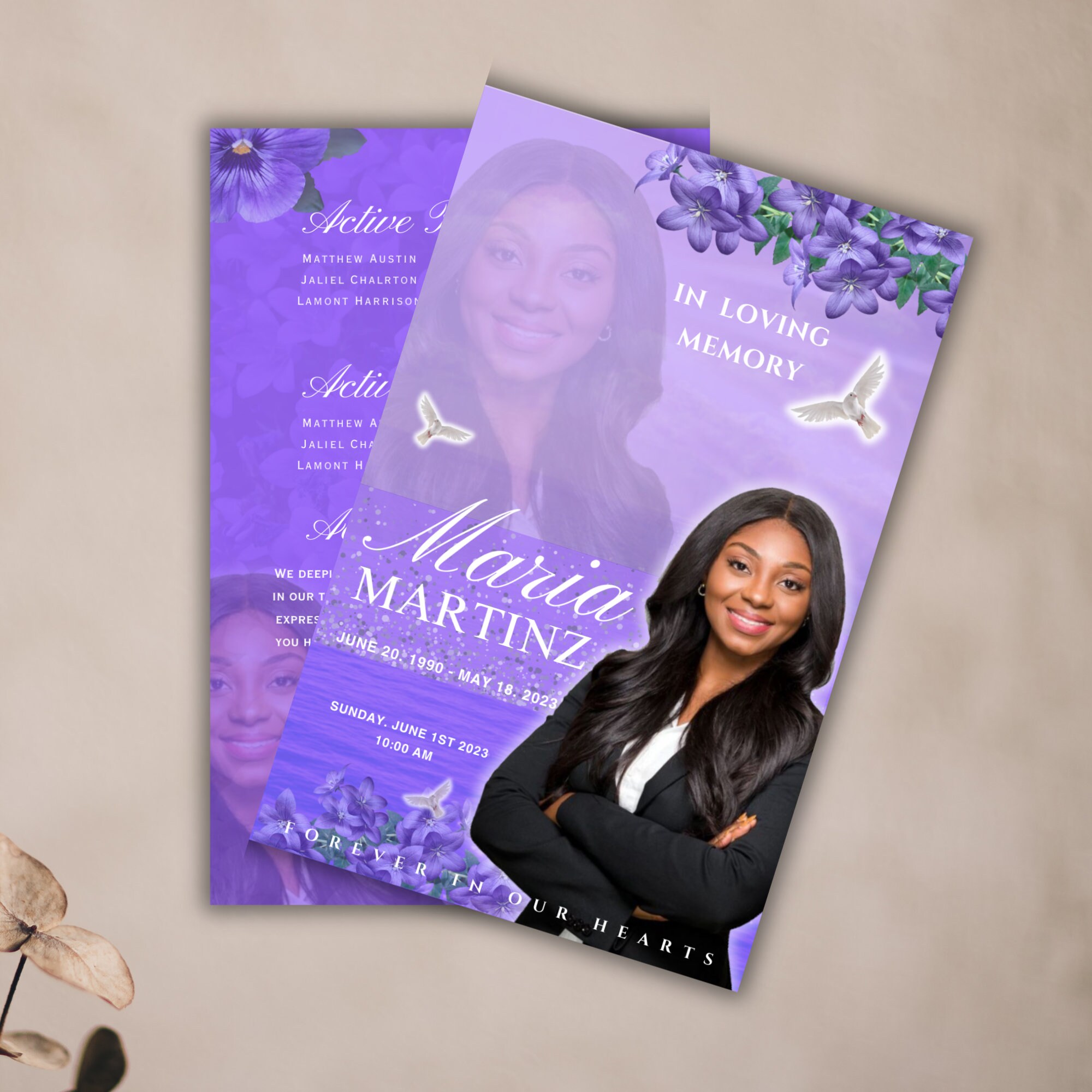 5.5x8.5 Bi-fold PURPLE Funeral Program Template Obituary Program ...