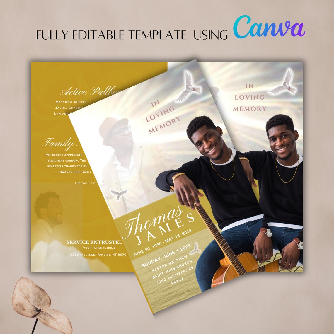 Yellow Funeral Program Canva Template – Personalized Memorial Keepsake ...