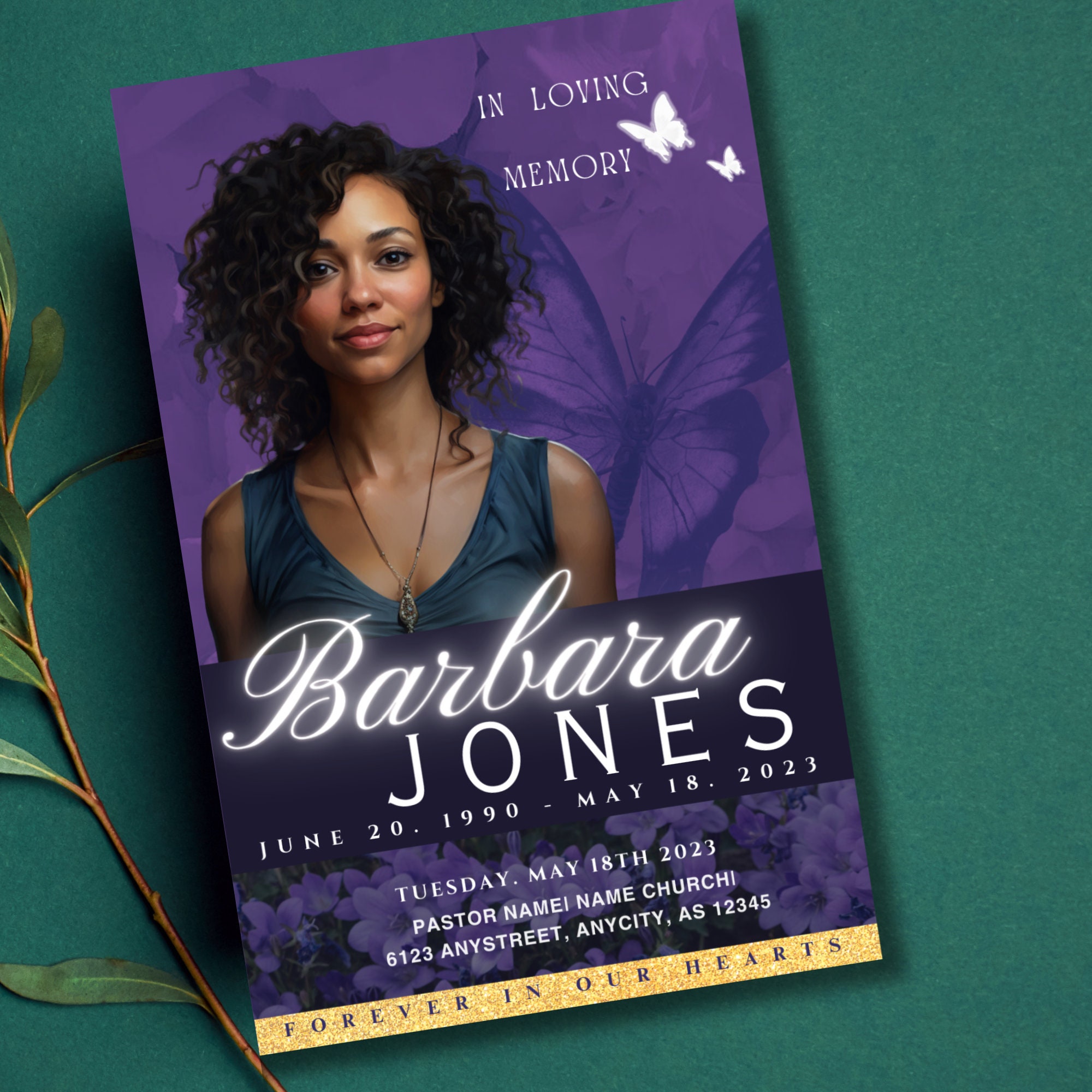 5.5x8.5 Bi-fold PURPLE Butterfly Funeral Program Template Obituary ...