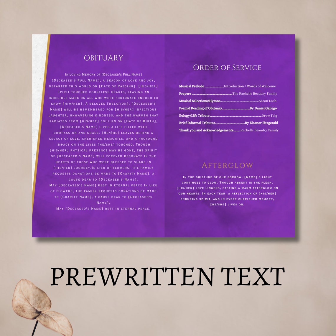 Obituary Program PURPLE Funeral Program Celebration of Life Keepsake ...