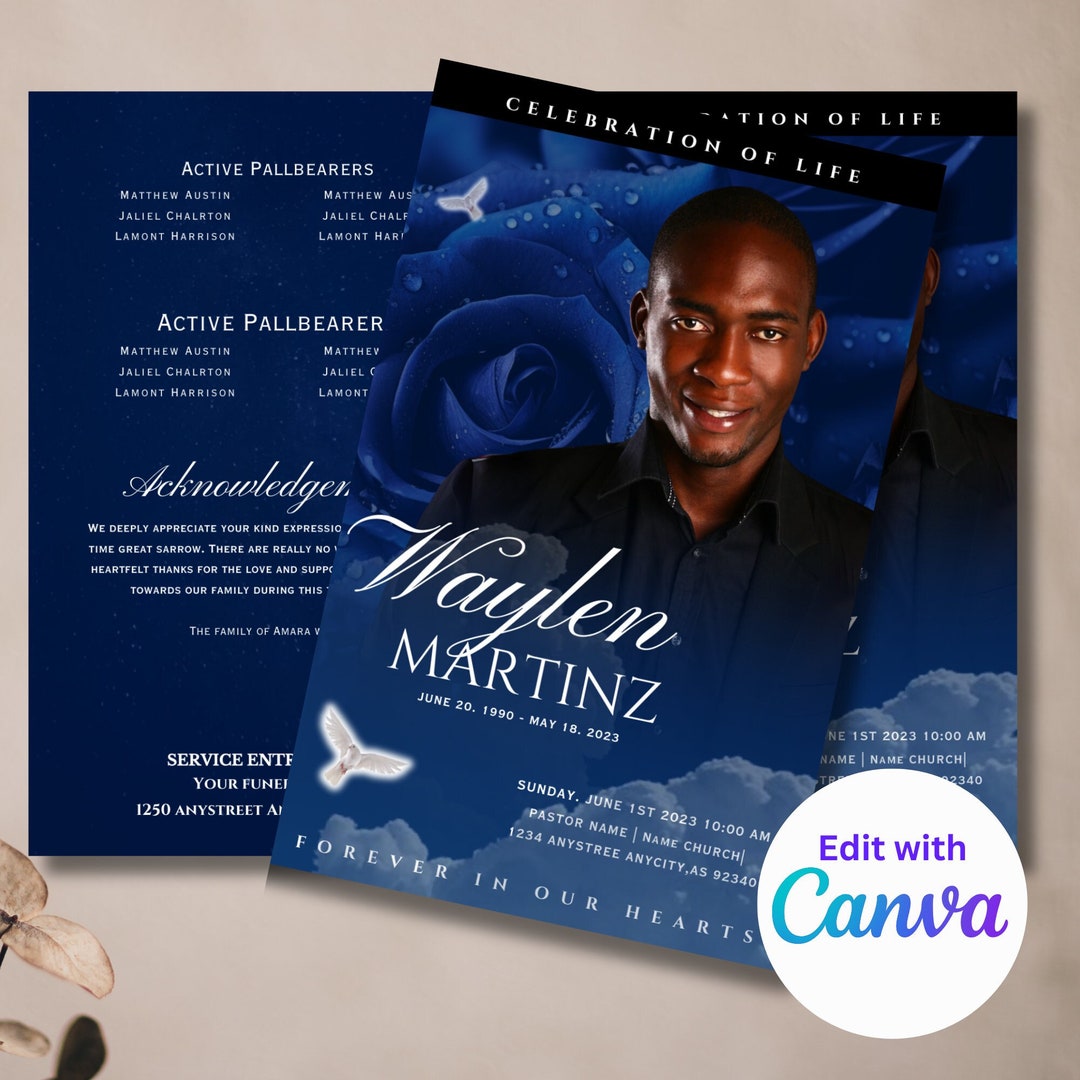 Enchanting Blue Rose Funeral Program for Man - Masculine Celebration of ...