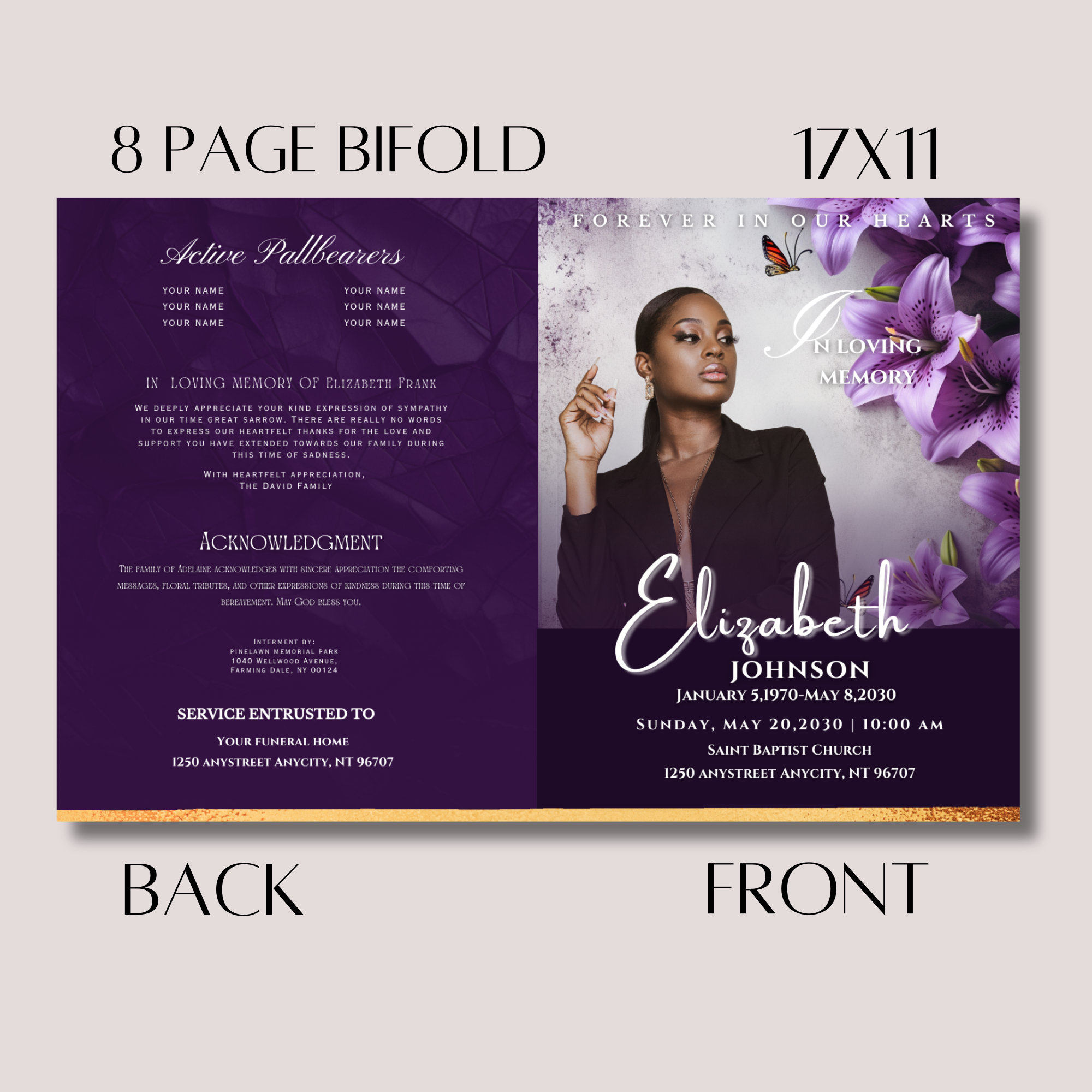 Purple Funeral Program 8 Pages Purple Obituary Memorial Program ...
