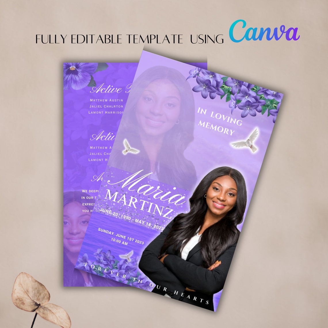 5.5x8.5 Bi-fold PURPLE Funeral Program Template Obituary Program ...
