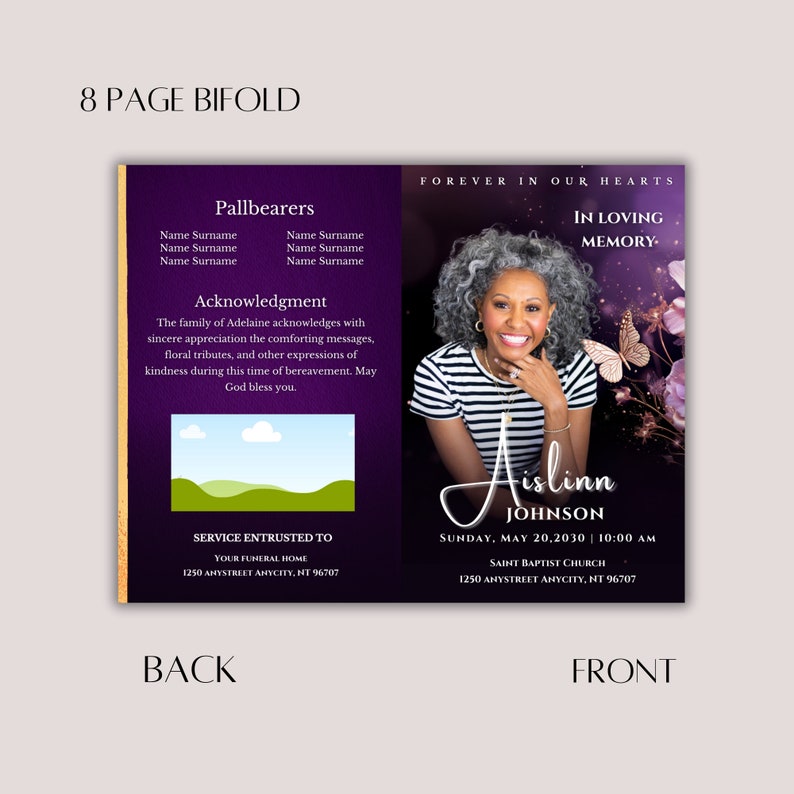 Purple Funeral Program Template | Celebration of Life, 11x8.5 (digital ...