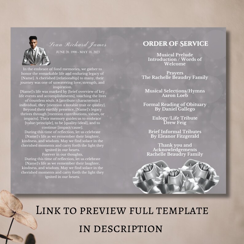 Silver Funeral Program Template for Men | Celebration of Life (canva ...