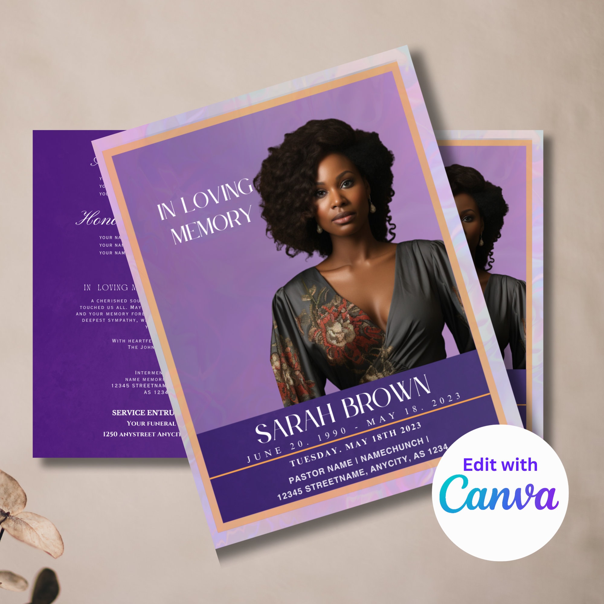 Purple Funeral Program Purple Obituary Memorial Program Celebration of ...