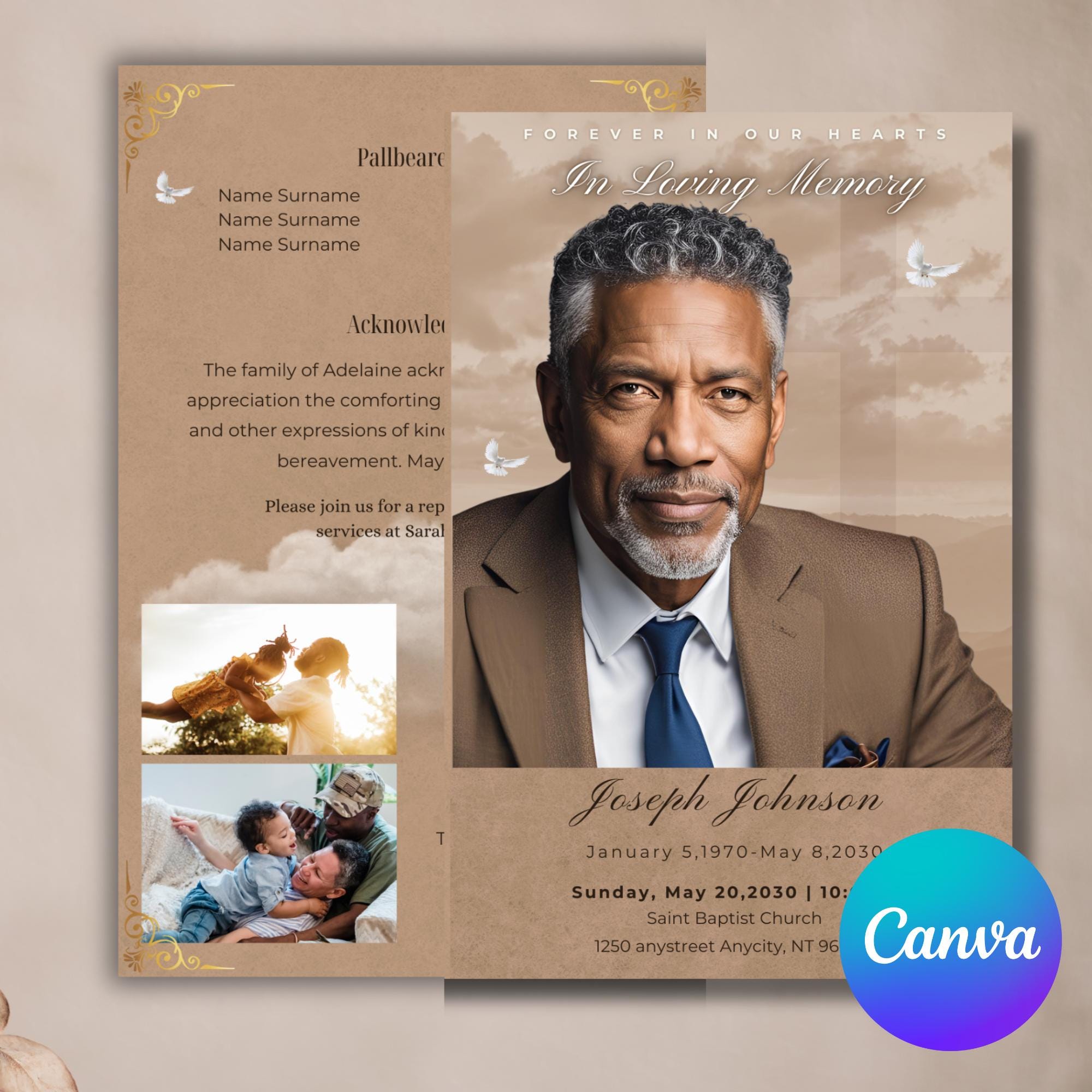 Elegant Funeral Program Template | Brown Obituary, Celebration of Life ...