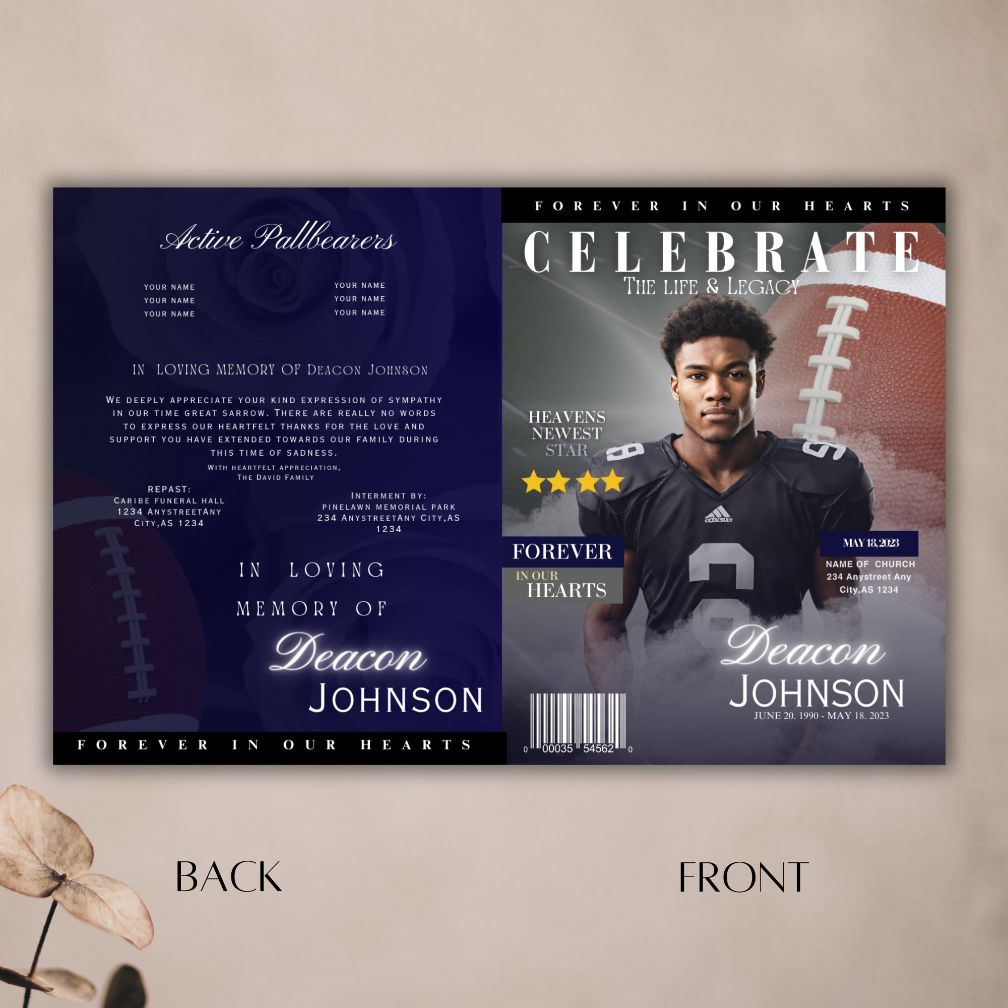 Football Theme Funeral Program Template - 17x11 Mogul Magazine Style, 8 ...