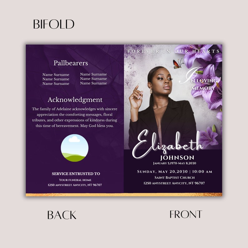 Purple Funeral Program | Celebration of Life, 8-page Canva Template - Etsy