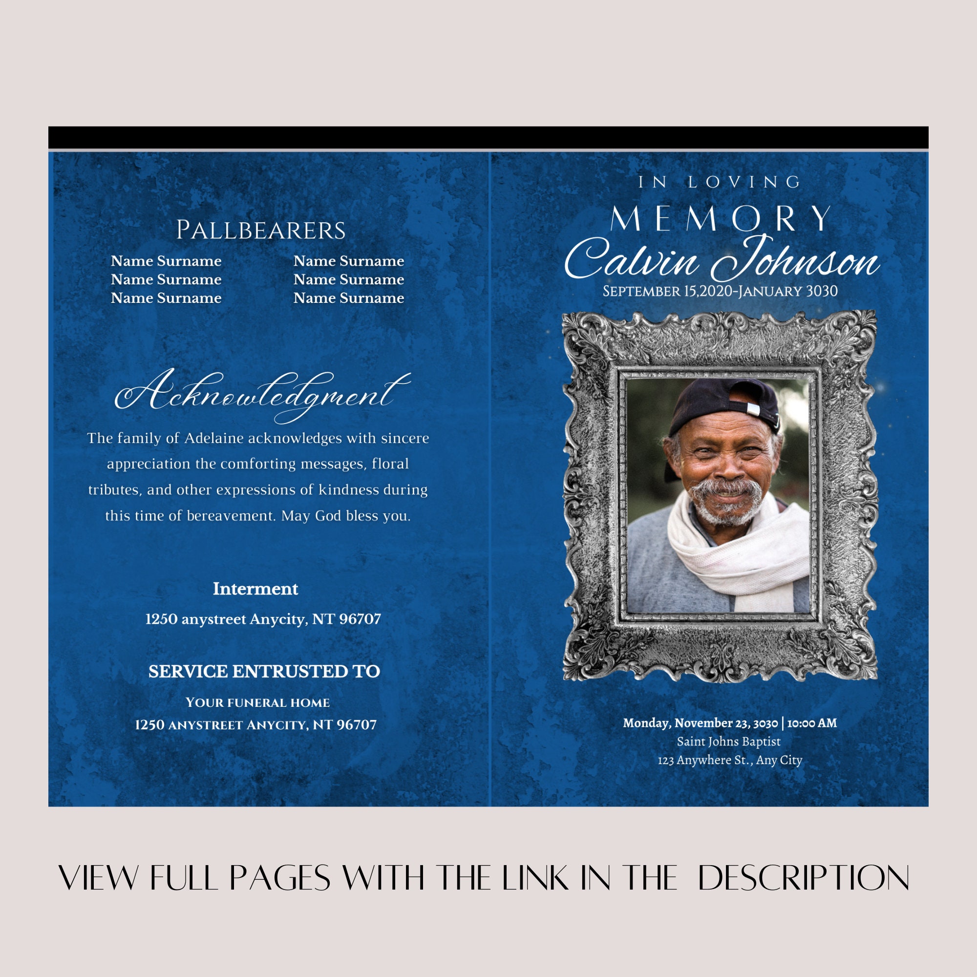 Personalized Funeral Program Template Custom Memorial Service Order ...