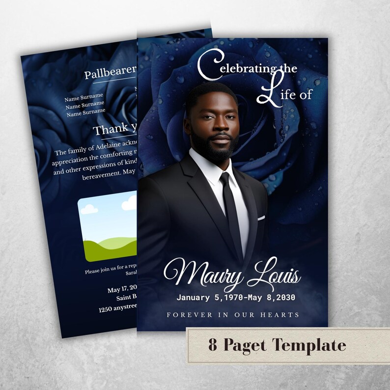 Masculine Funeral Program Template | Blue Celebration of Life (canva ...