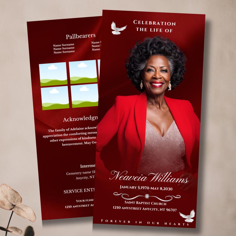 Elegant Red Funeral Program Template | Trifold Obituary (digital ...