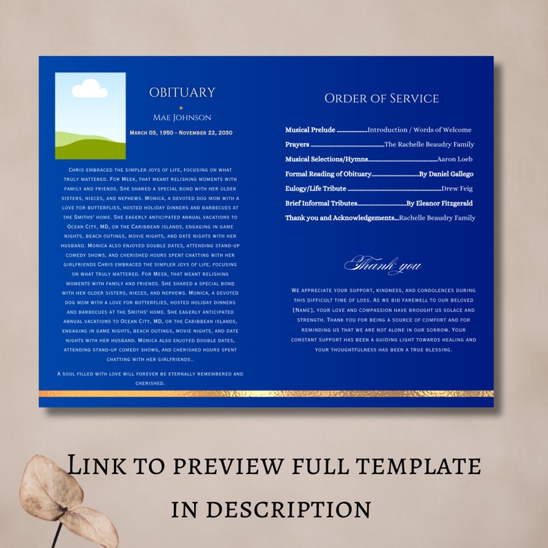 Elegant Blue Funeral Program | Obituary Template, Celebration of Life ...