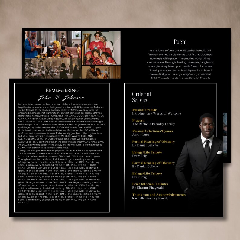 Elegant Black Funeral Program Template, 8-page Celebration of Life ...