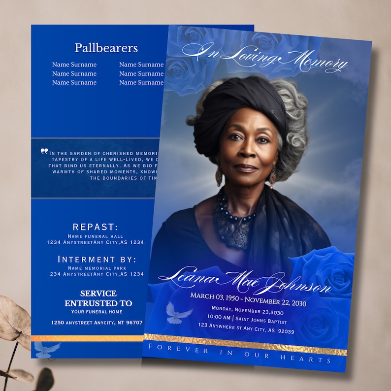 Memorial Program 8 Pages | Obituary Template | Elegant Blue Funeral ...