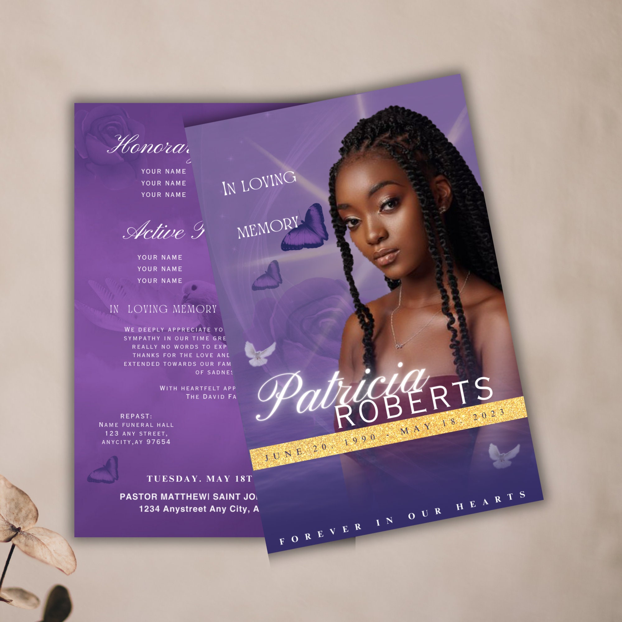 PURPLE Funeral Program Elegant Obituary Template Celebration of Life ...