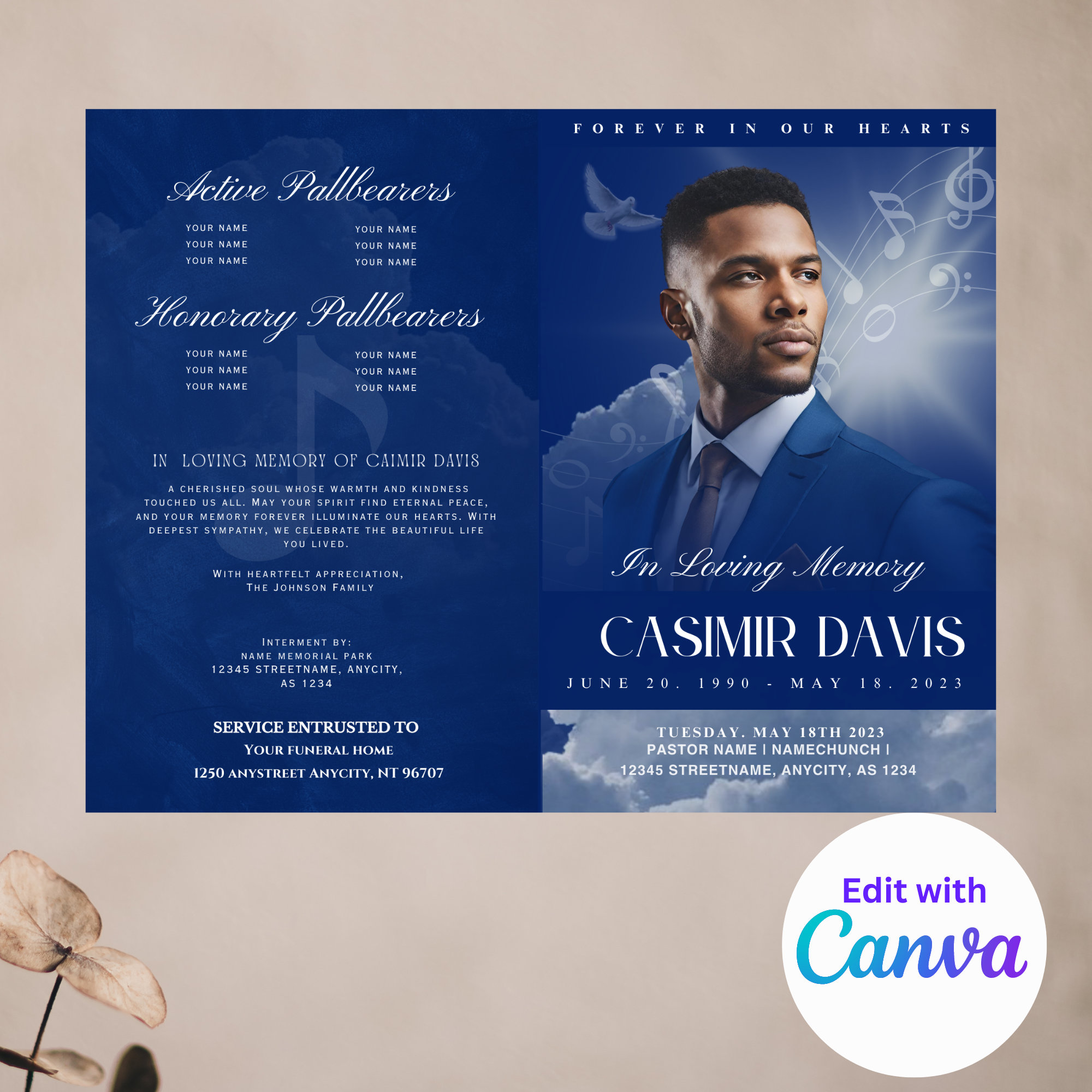 Blue Music Memorial Program Template – Celebration of Life, 5.5x8.5 ...