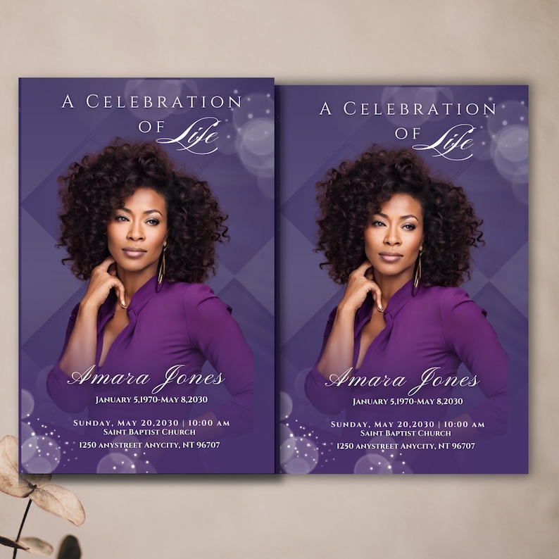 PURPLE Funeral Program Obituary Program Celebration of Life Obituary ...