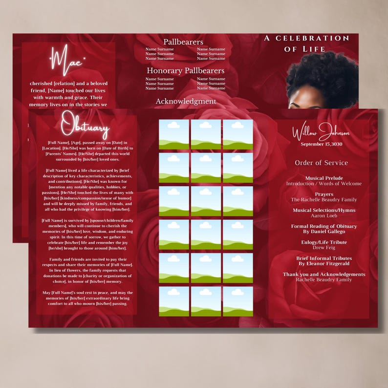 Elegant Funeral Program Template | Red Floral Obituary (digital ...