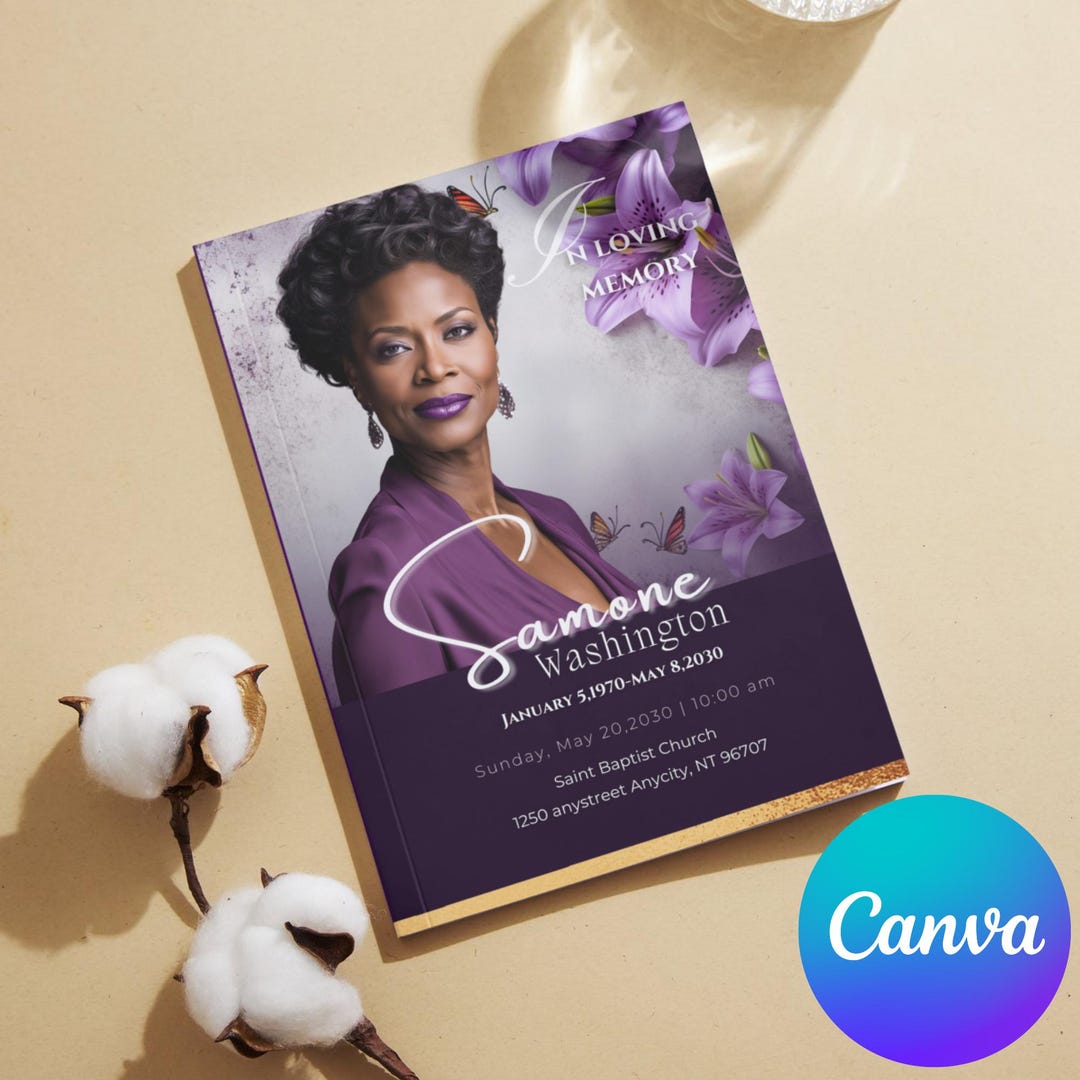 Purple Funeral Program Template | Editable Canva Download | Digital ...