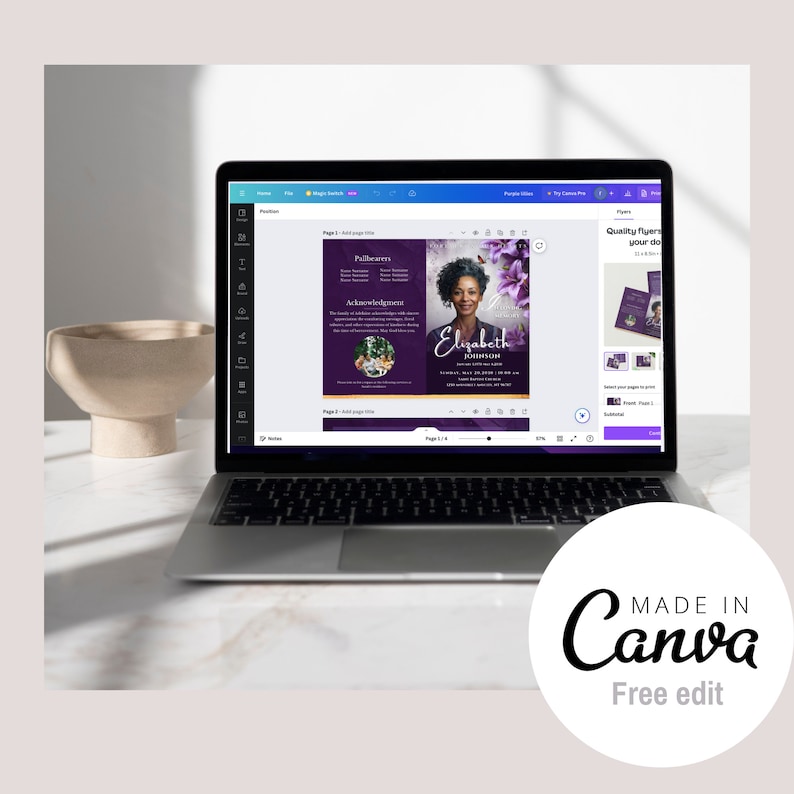 Purple Funeral Program Template | 8-page Memorial (canva Template) - Etsy