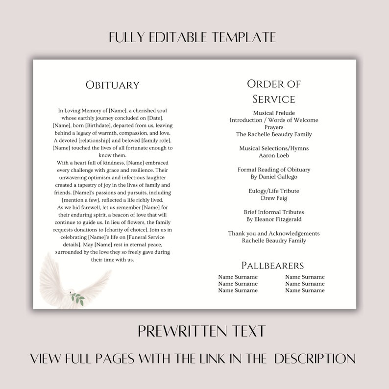 CATHOLIC Funeral Program Template 4 Page Booklet Format Obituary ...