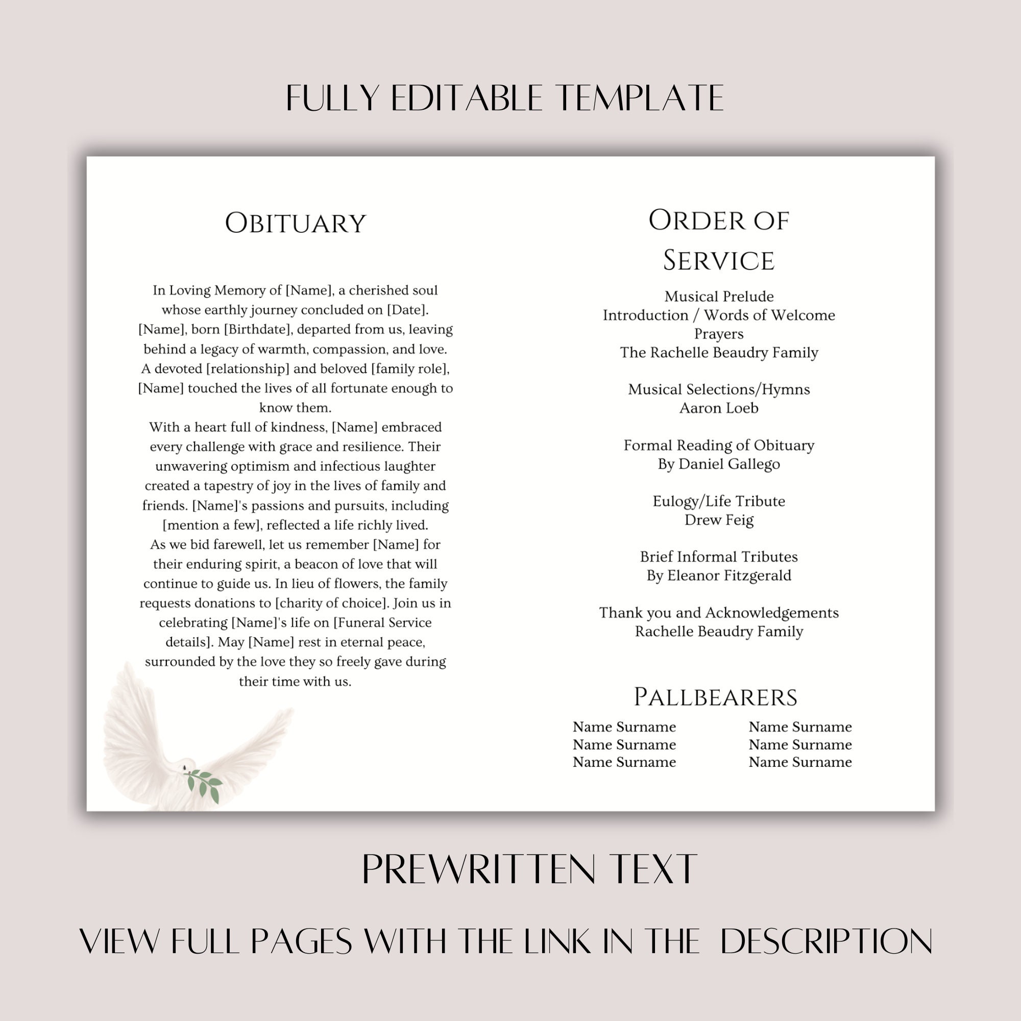 CATHOLIC Funeral Program Template 4 Page Booklet Format Obituary ...