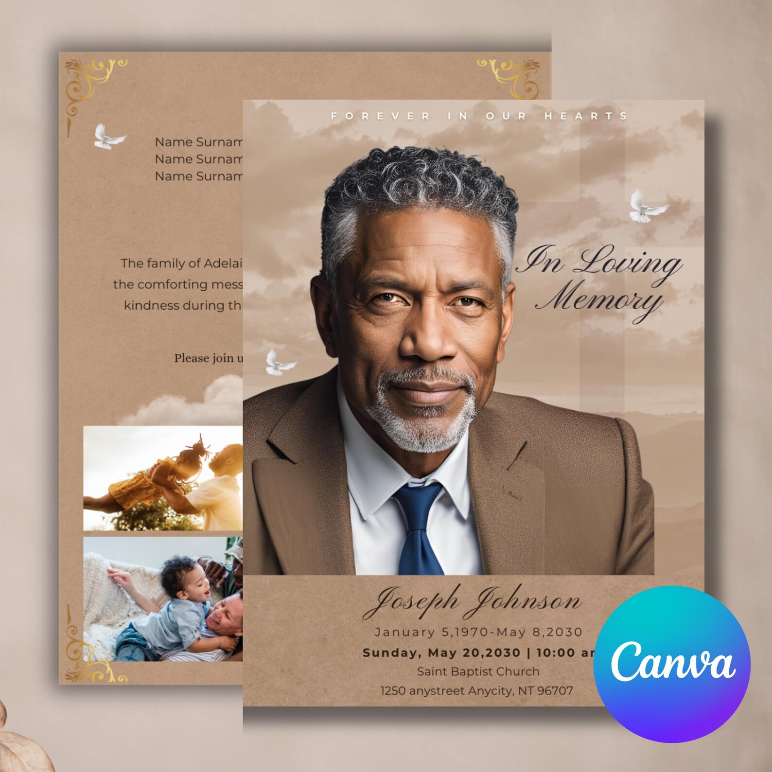 Elegant Brown Funeral Program Template: 8-page Obituary (canva, 11x8.5 ...