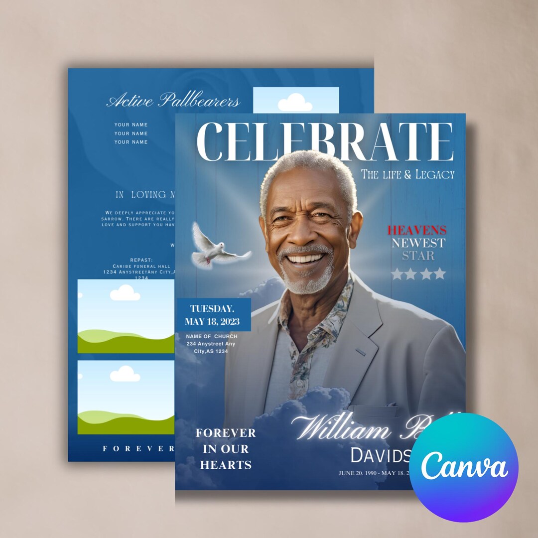 Funeral Program Booklet, Mogul Magazine Style, Canva Template (digital ...