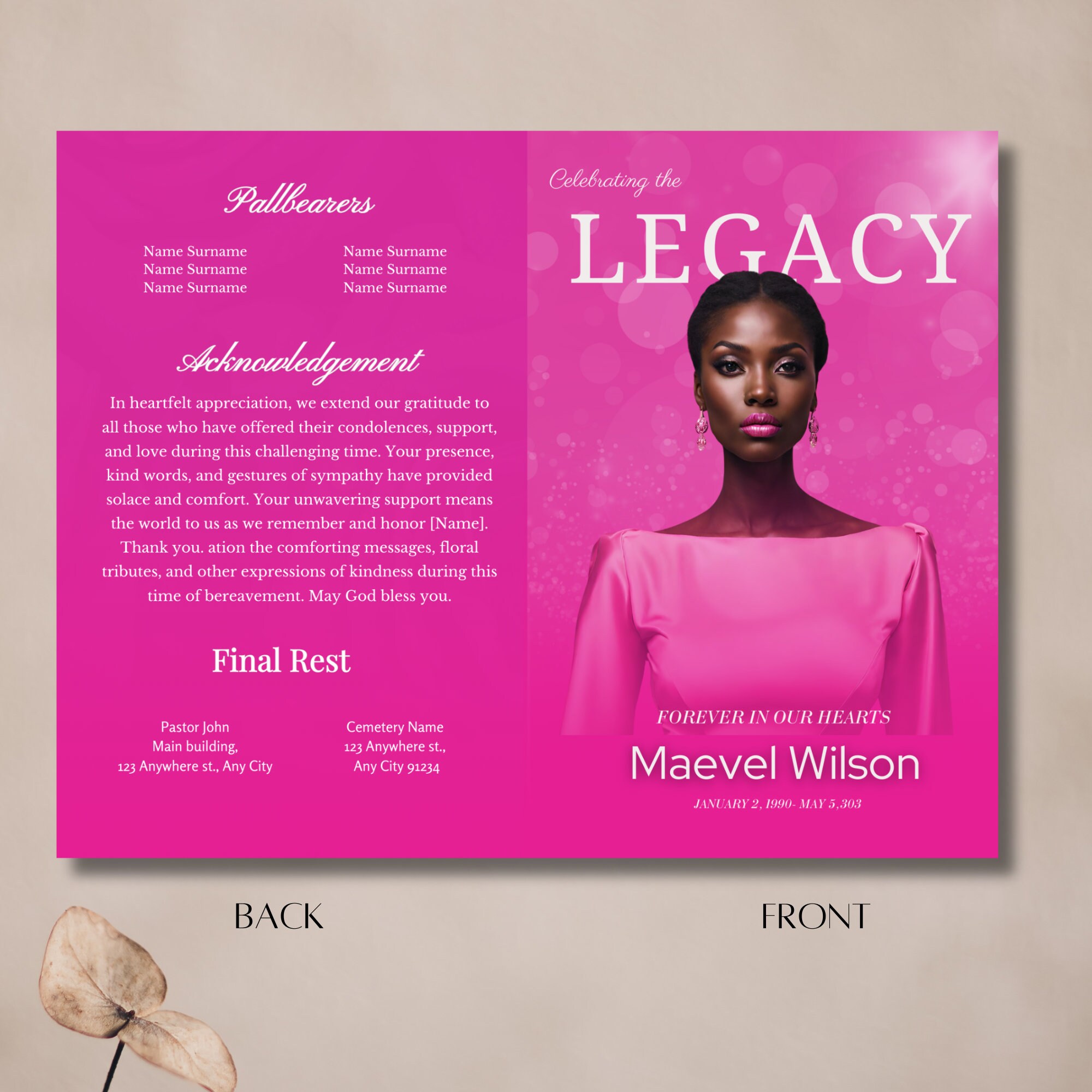 Personalized Pink Funeral Program 8 Pages Elegant Celebration of Life ...