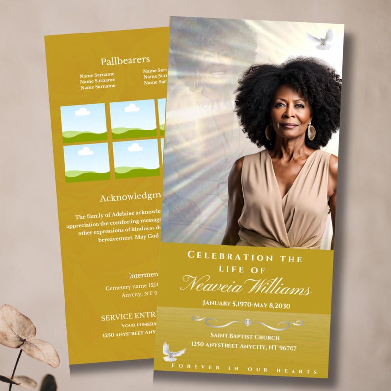 17x11 Yellow FUNERAL OBITUARY TEMPLATE Trifold 2 Pages elegant Style ...