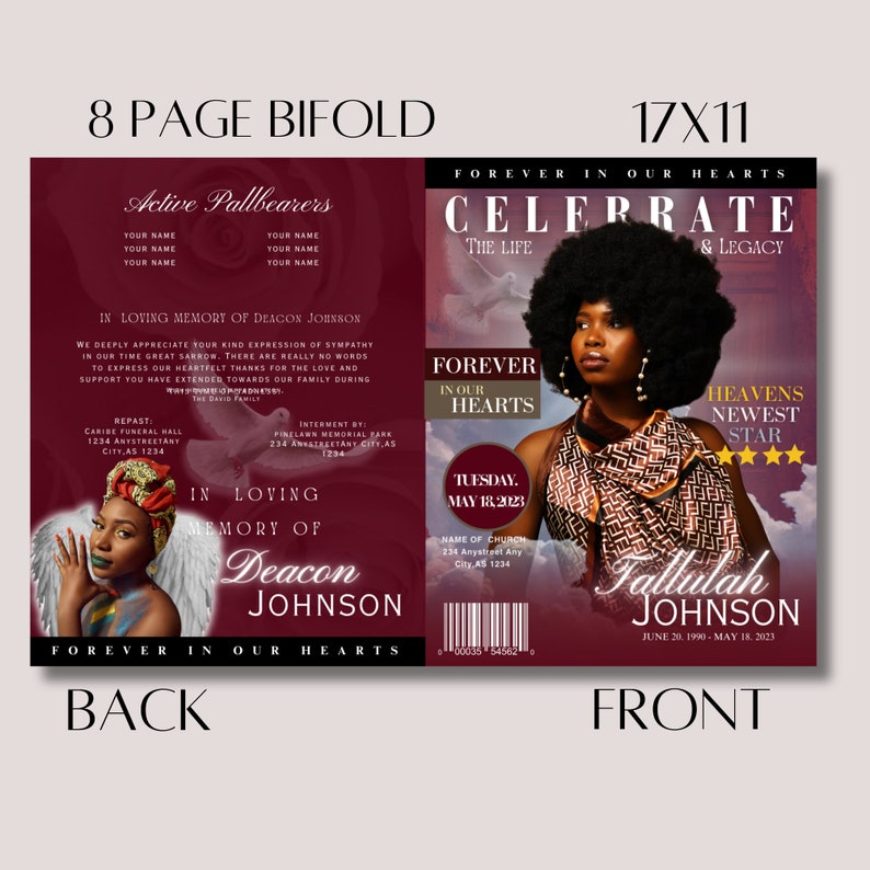 Personalized RED Funeral Program Booklet 17x11 Mogul Magazine Style, 8 ...