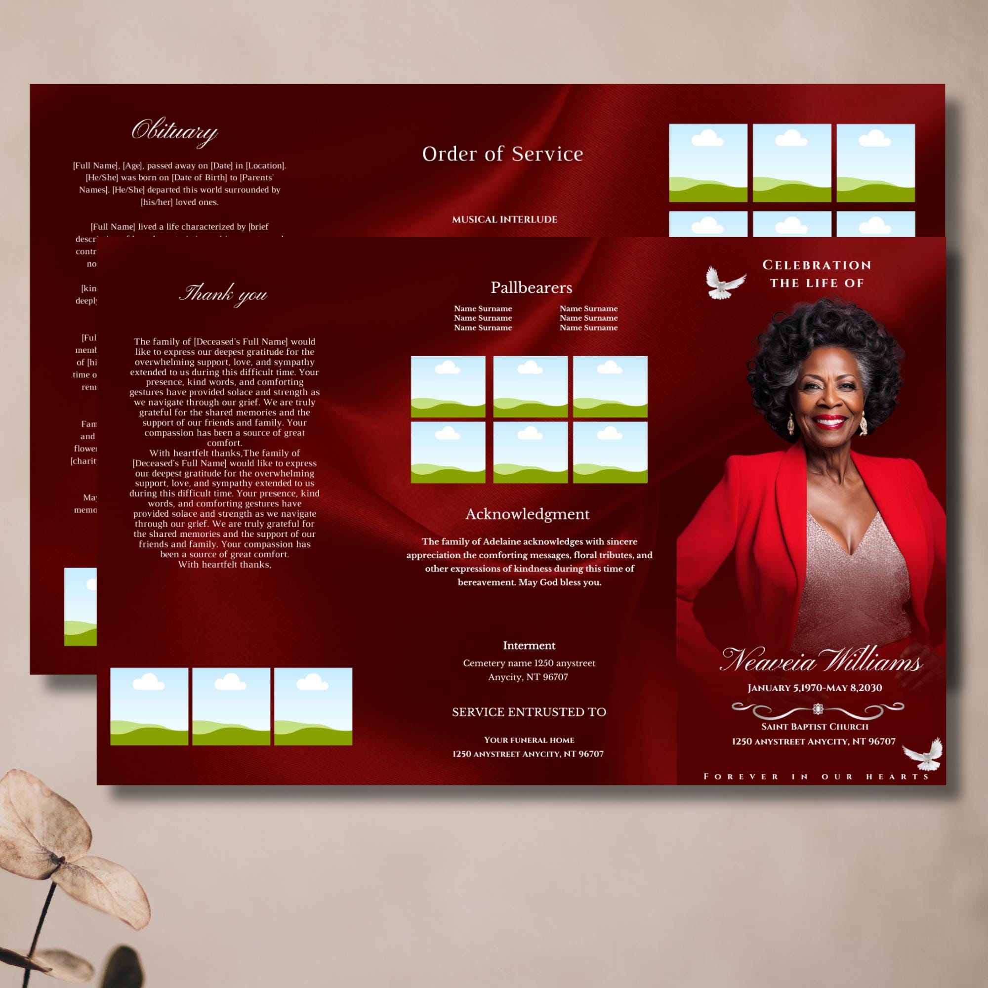 Elegant Red Funeral Program Template | Trifold Obituary (digital ...
