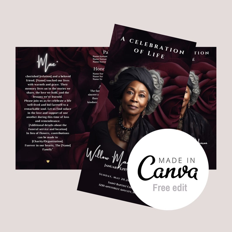 17"x11" Trifold FUNERAL OBITUARY TEMPLATE |elegant Style Funeral ...